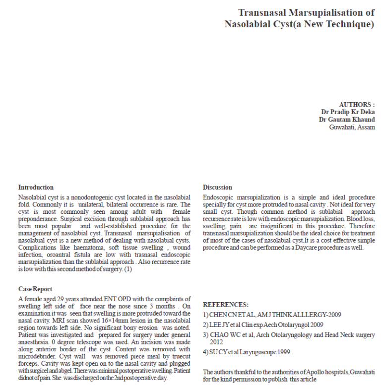 Transnasal Marsupialisation of Nasolabial Cyst – A New Technique ...